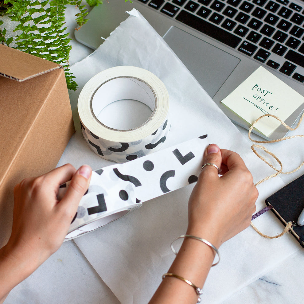 Black and White Geometric Pattern Tape | Recycled Paper Packaging | 50m ...